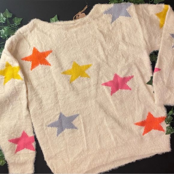 Sweaters | Soft Fuzzy Sweater Off White With Colorful Stars | Poshmark